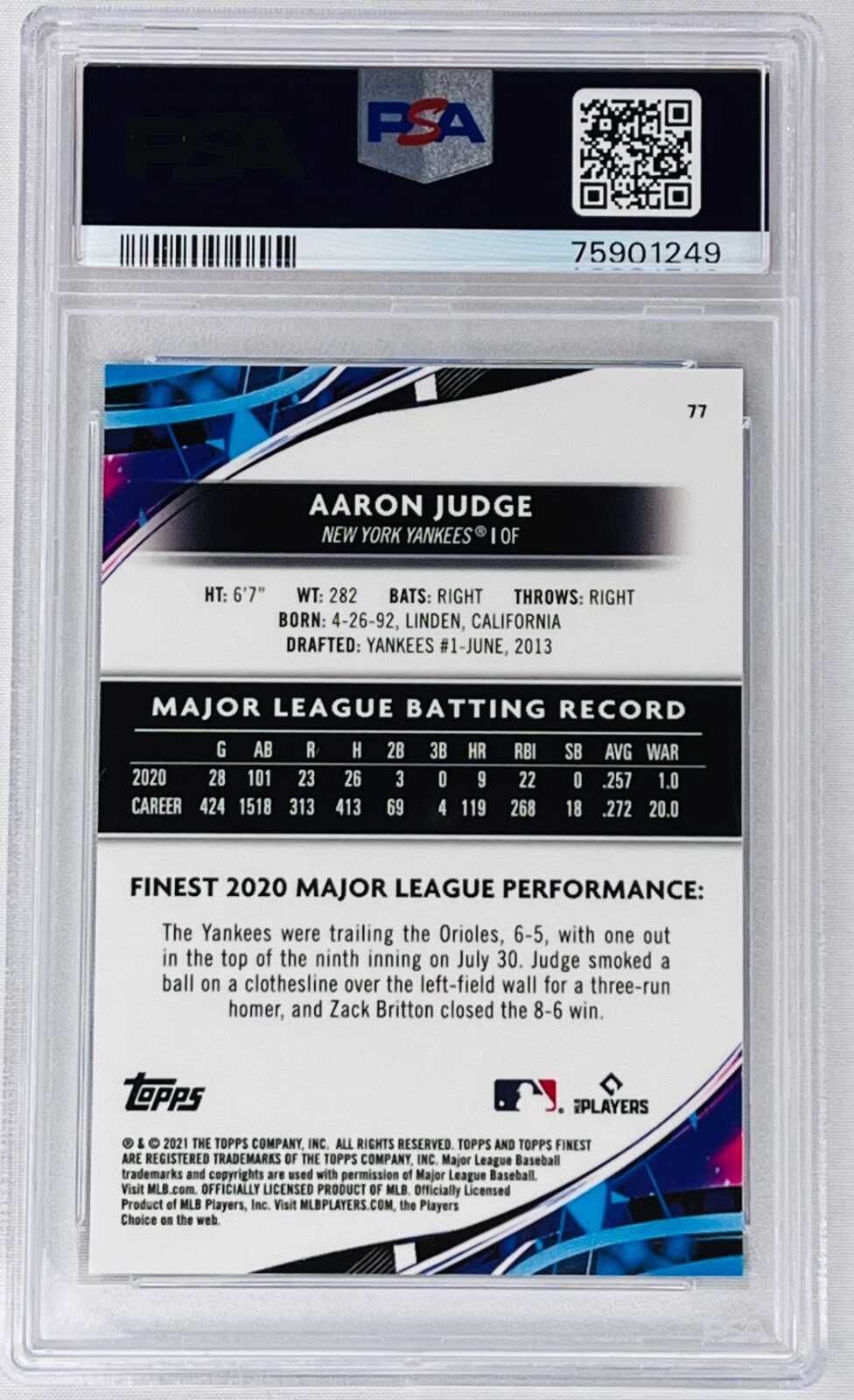 2021 Topps Finest - Sky Blue Refractor #77 Aaron Judge /300 for sale ...
