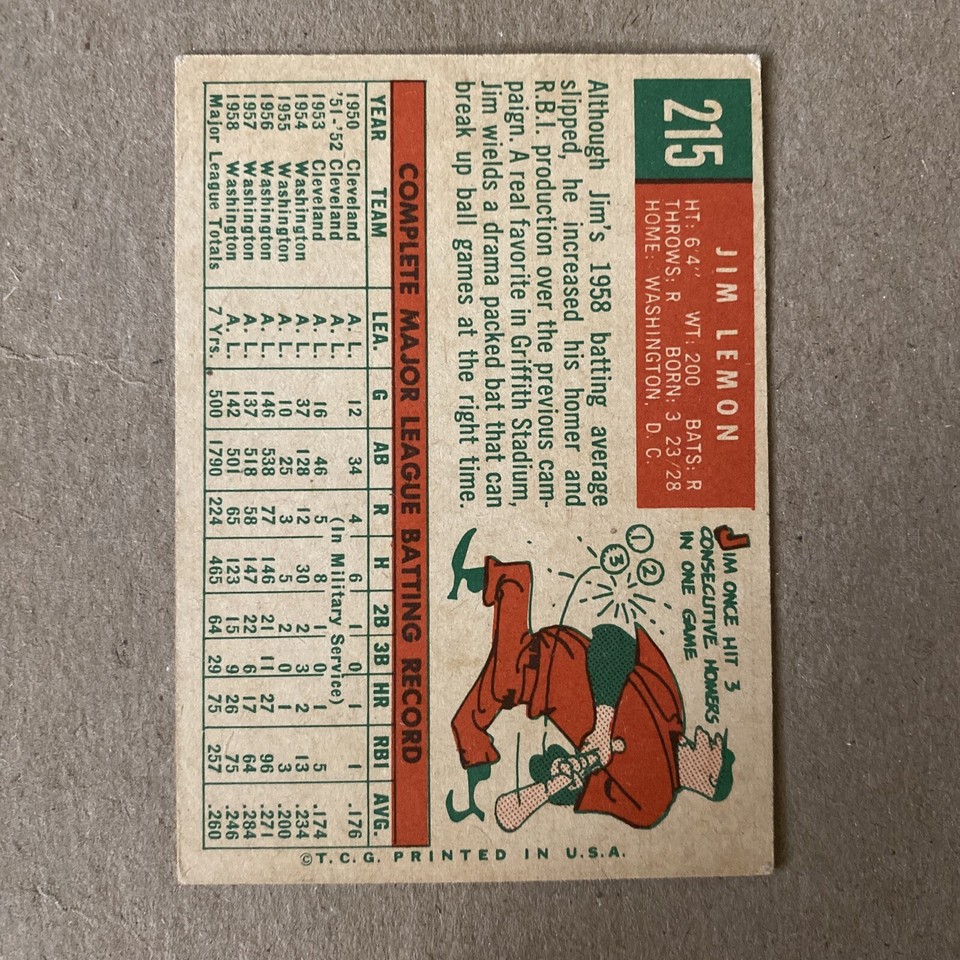 1959 Topps Baseball Jim Lemon Washington Senators Card #215 | eBay