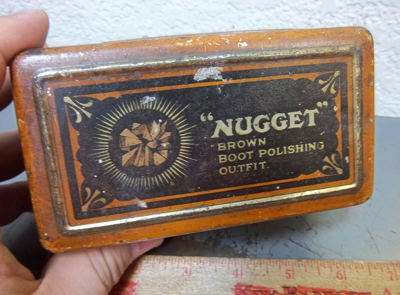 vintage NUGGET brown boot polish tin, empty, great graphics & colors ...