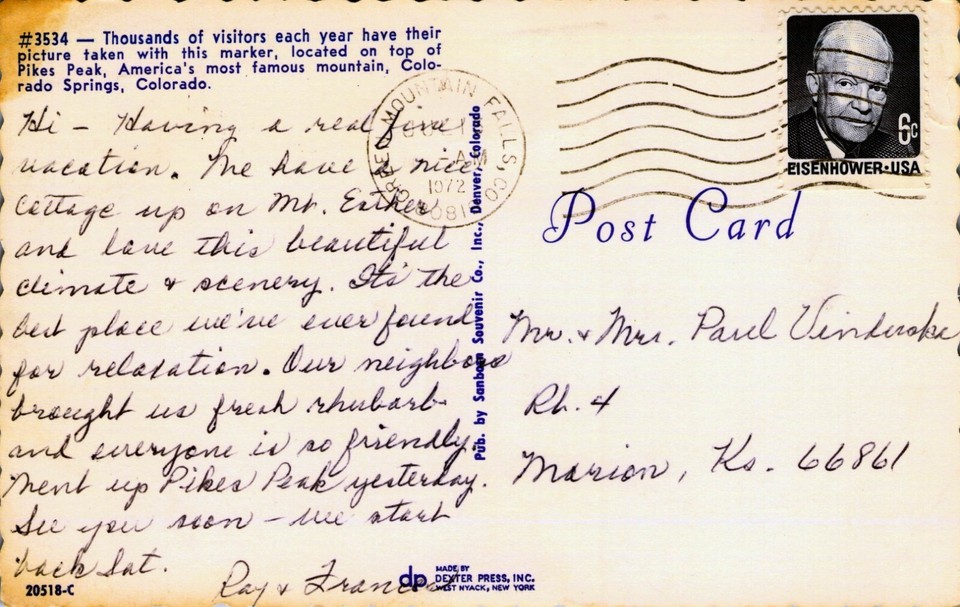 VTG Postcard Pikes Peak CO-Colorado, Marker On Summit 1972, Posted M5 ...