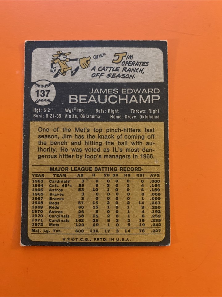 1973 Topps New York Mets Baseball Card #137 Jim Beauchamp - EX | eBay