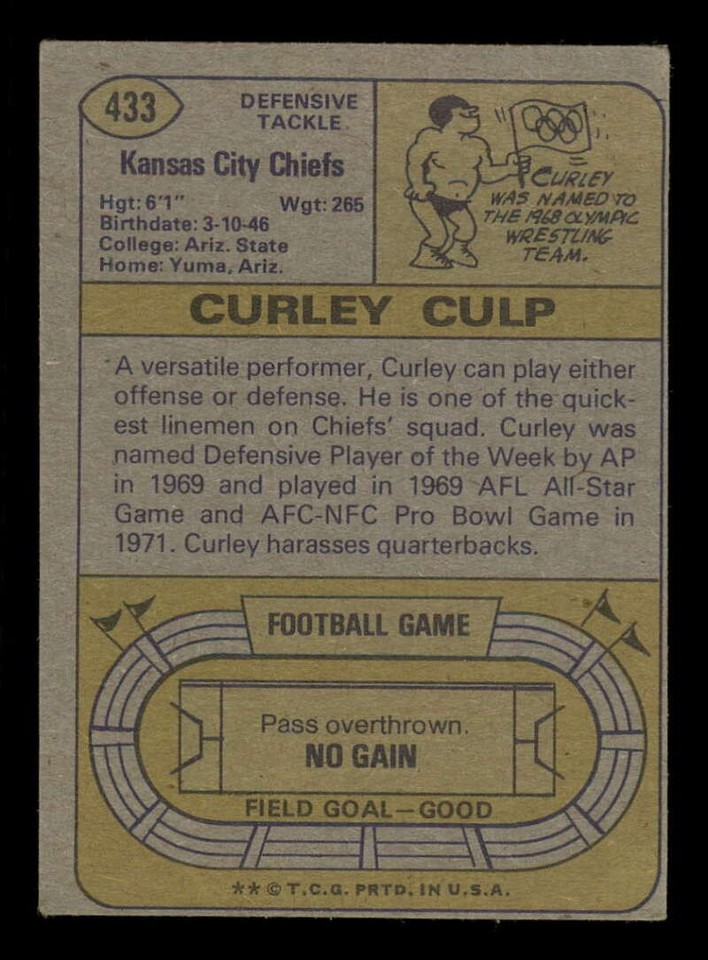 1974 Topps #433 Curley Culp Chiefs HOF VG (3) | eBay