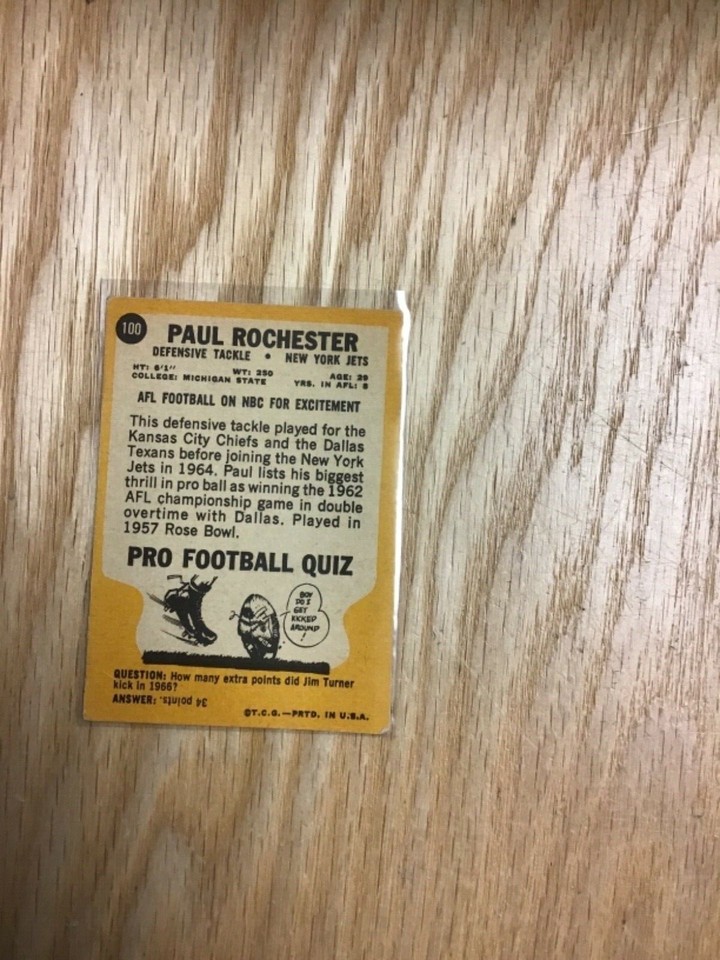 1967 Topps Football Paul Rochester New York Jets Card #100 | eBay