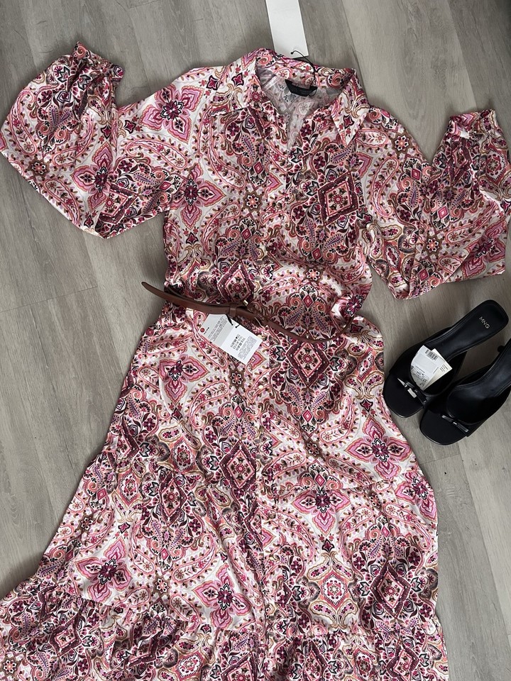 Zara Women's Collared Printed Midi Dress With Belt Gold Buttons Size XS ...