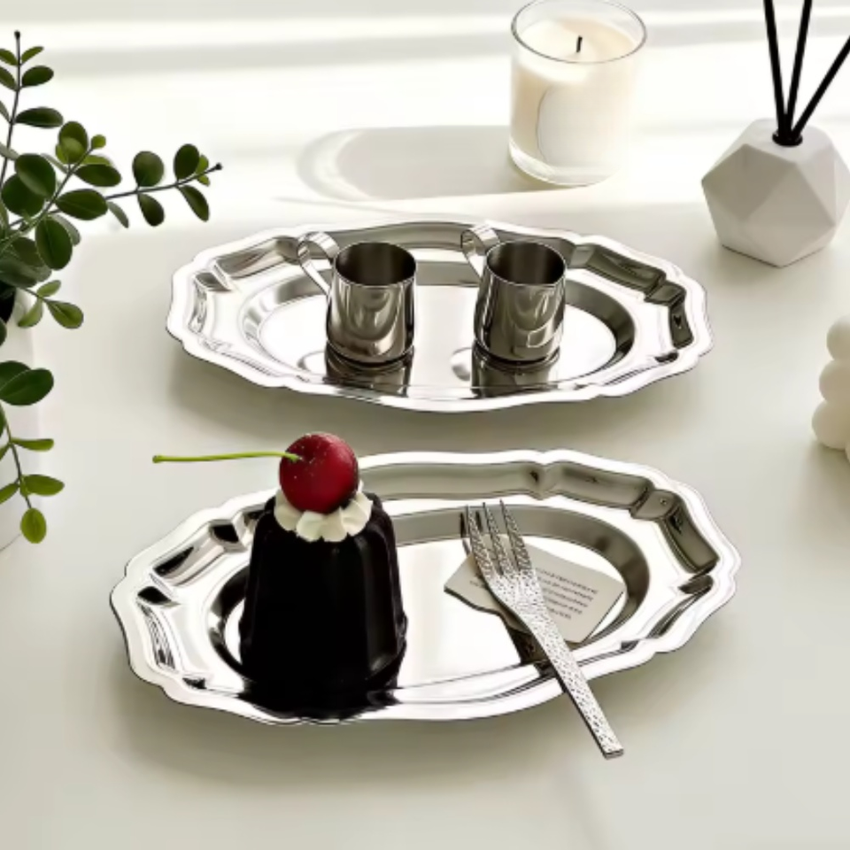 Stainless Steel Nordic Dessert Tray with Intricate Lace Edge 25.8x16x1 ...