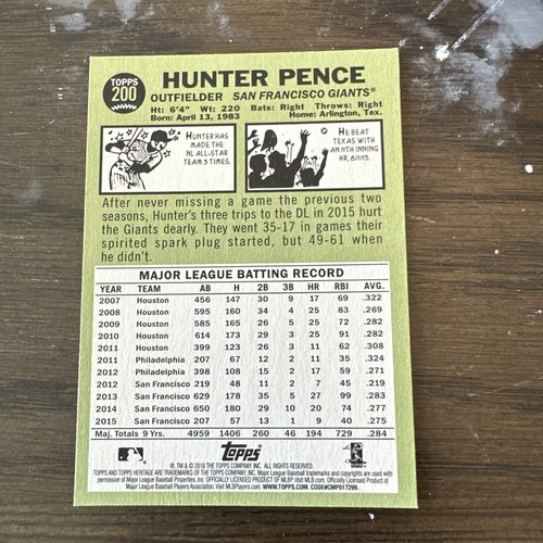 2015 Topps Heritage Hunter Pence Autographed Signed SF Giants #200 | eBay