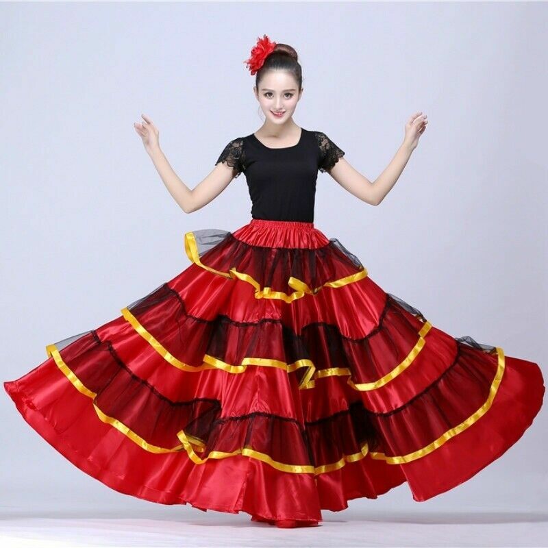 Women Ballroom Layered Ruffle Dance Skirt Swing Spanish Flamenco ...