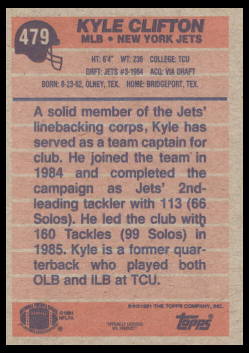 1991 Topps #479 Kyle Clifton New York Jets Football Card | eBay