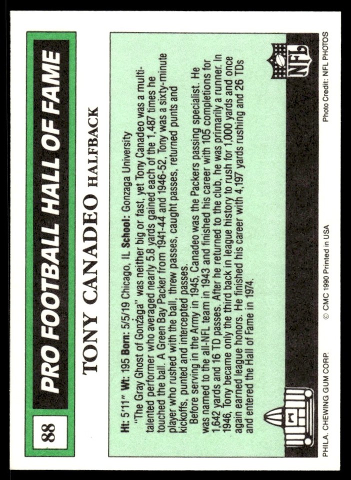 1990 CMC Swell Greats Tony Canadeo Green Bay Packers #88 | eBay
