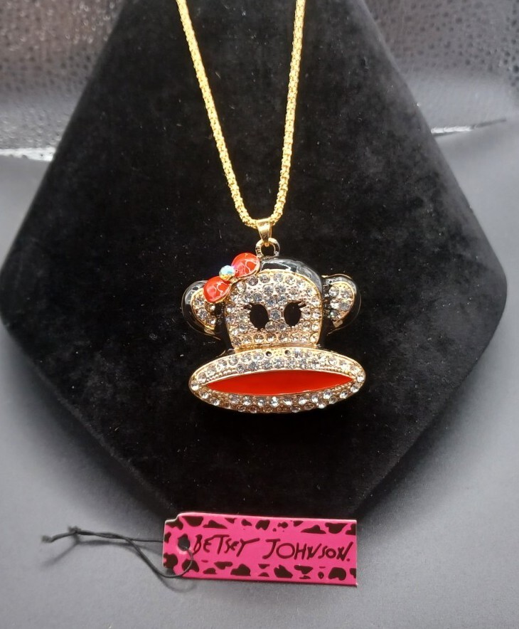 New Betsey Johnson Rhinestone Sock Monkey Face Statement Necklace Tag ...