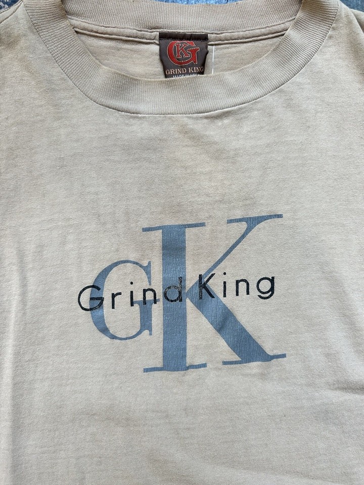Vintage Grind King Calvin Klein Parody Logo Tee Shirt XL Beige Skate Board Ride | eBay UK
