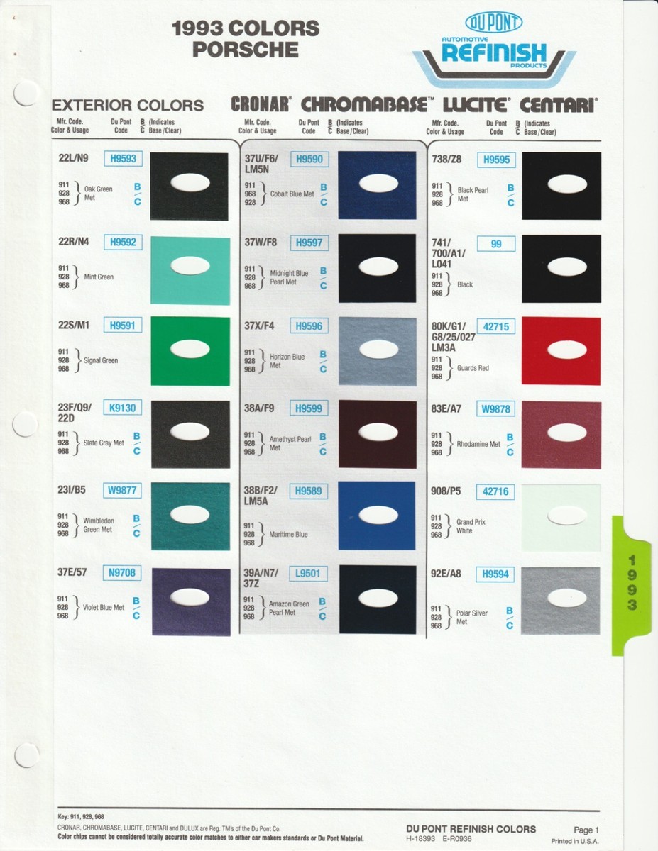 Porsche Color Chart Porsche Paint Chart Color Reference