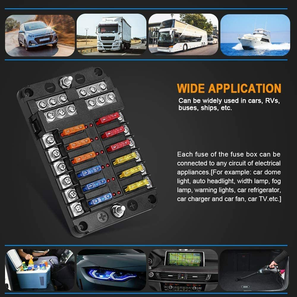 12 Way Blade Fuse Box Block & Auto Marine FuseBox Holder 12V 32V Bus ...