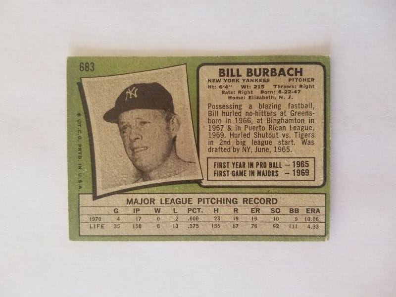 BILL BURBACH 1971 TOPPS BASEBALL CARD #683 NEW YORK YANKEES SHORT PRINT ...