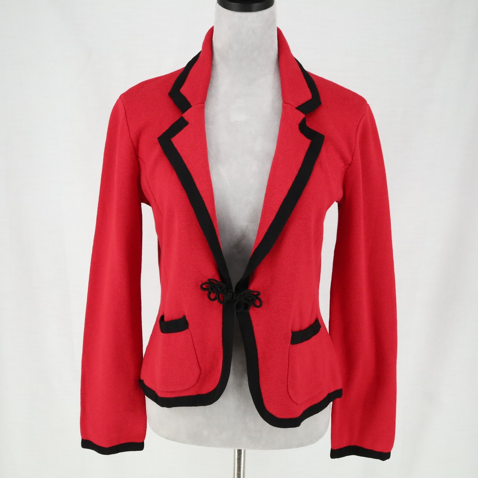 Willi Smith Red Knit Jacket Sz Medium Womens Black Trim Buttons Pockets ...