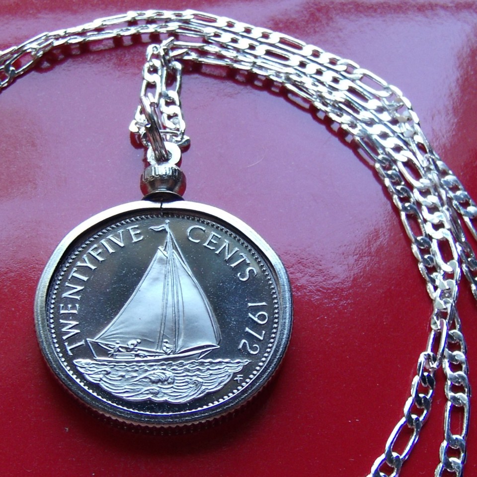 1972 Bahamas Proof Sail Boat Coin Pendant on a 22" .925 Sterling Silver ...