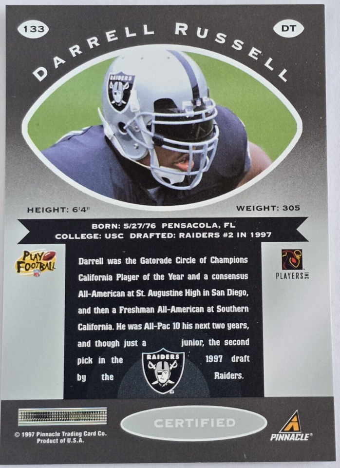 Darrell Russell, 1997 Pinnacle, Oakland Raiders, Defensive Tackle, Card ...