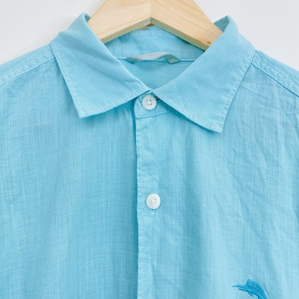 TOMMY BAHAMA MEN'S AQUA MIST SHIRT BLUE LOGO SHORT SLEEVE BUTTON SZ M ...