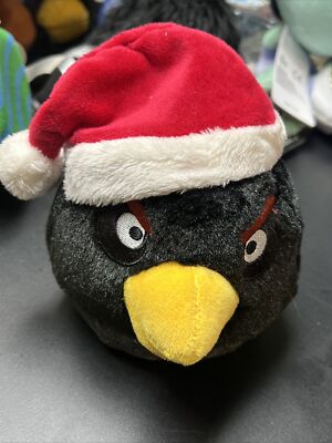 2012 Angry Birds Black Bomb Bird Santa Hat Christmas Plush 4" Plushie ...