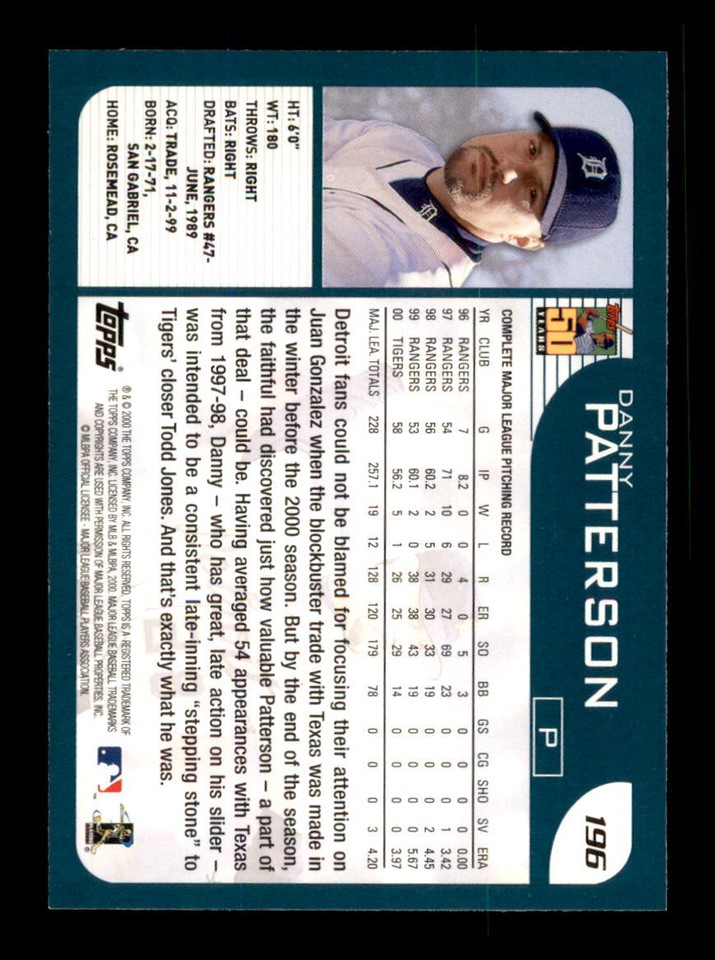 2001 Baseball Topps Danny Patterson Detroit Tigers #196 | eBay