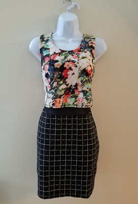Material Girl Two-fer dress NWT L Floral top sheer waist check knit ...