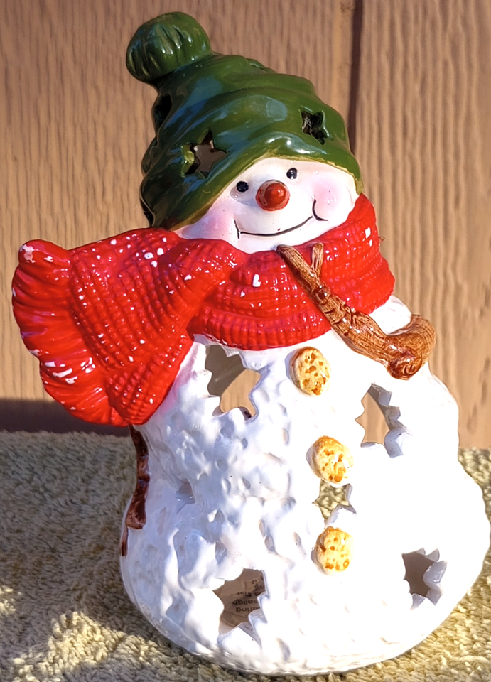 Hallmark Snowman Tea Light Candle Holder Green Hat Red Scarf Xmas Tree ...