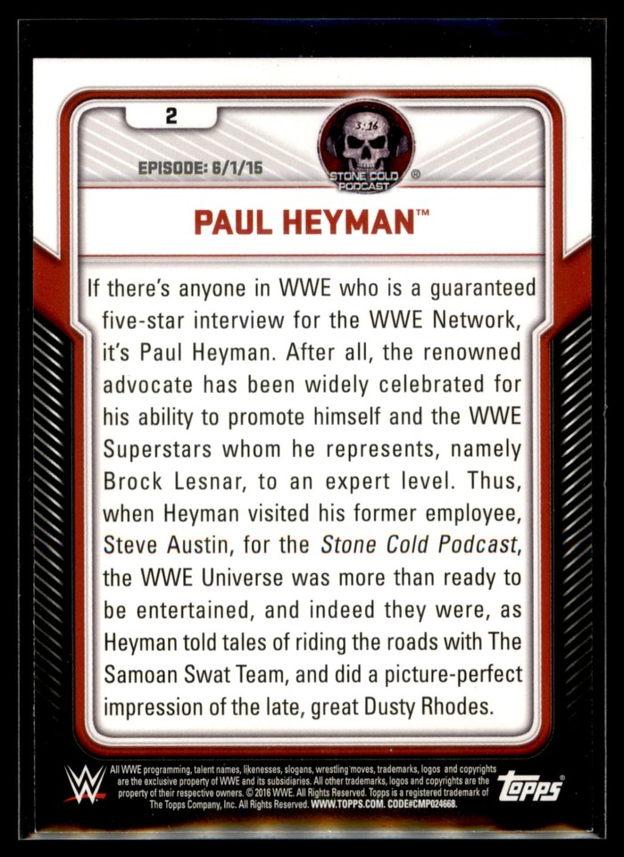 2017 Topps WWE Wrestling Stone Cold Podcast Insert #2 Paul Heyman | eBay