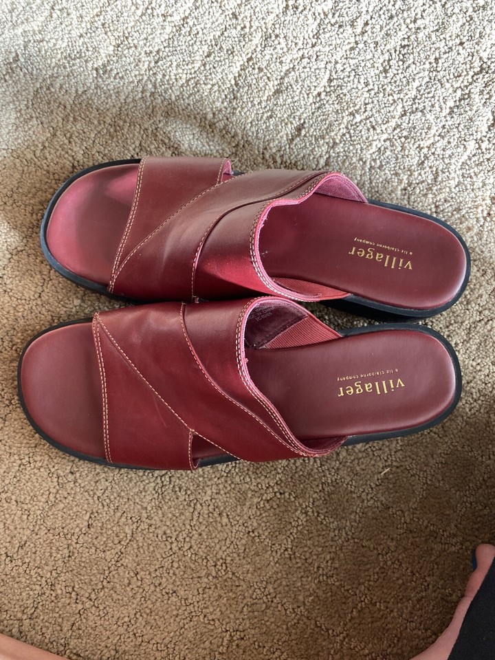 VILLAGER LIZ CLAIBORNE Dark Red LEATHER WOMEN'S SLIP ON SLIDES SANDALS ...