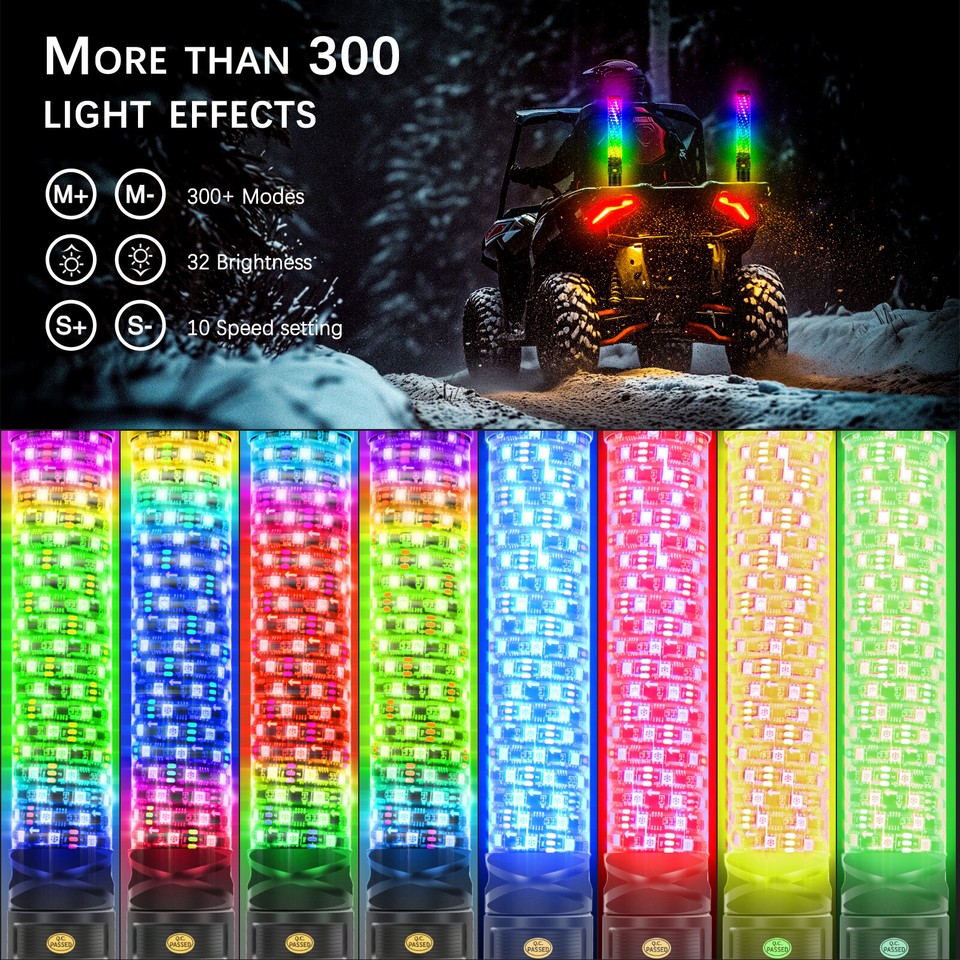 2FT Thick LED Whip Spiral Chasing RGB Fat Whip Lights For Polaris RZR ...