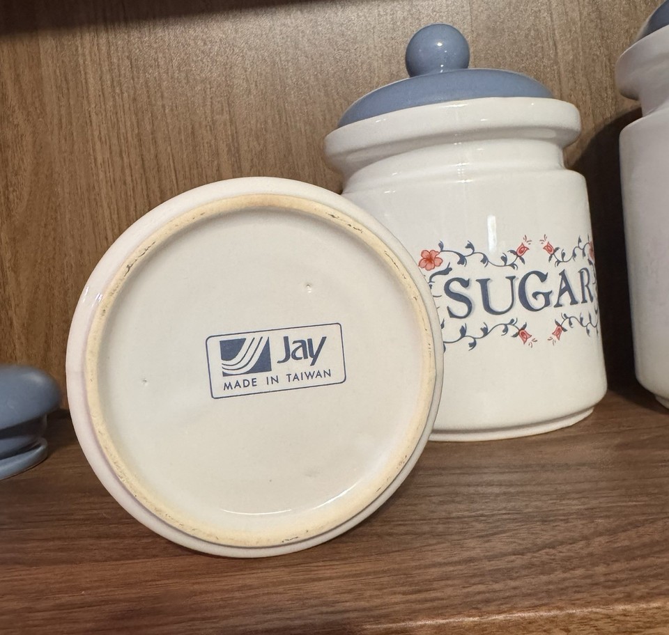 Vtg Granny Core Ceramic Canister Set 4-pc Flour Sugar Coffee Tea blue ...