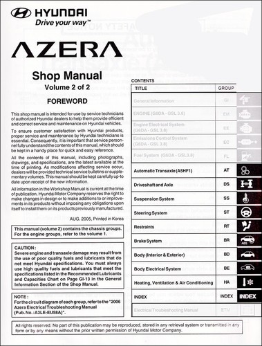 2006 Hyundai Azera Shop Manual Volume 2 Only Body Transmission Brakes AC Steer | eBay