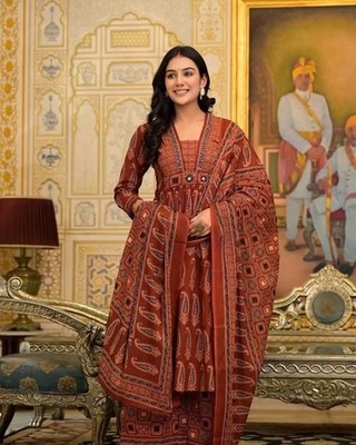 Women’s Rust Red Printed Kurta Set with Dupatta | Ethnic Indian Suit ...