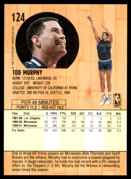 1991-92 FLEER BASKETBALL CARD MINNESOTA TIMBERWOLVES #124 TOD MURPHY | eBay