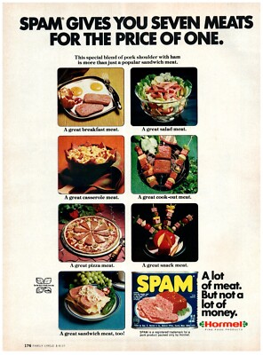 1977 Hormel SPAM Print Ad, Gives seven Meats For Price Of One 70's Meal ...