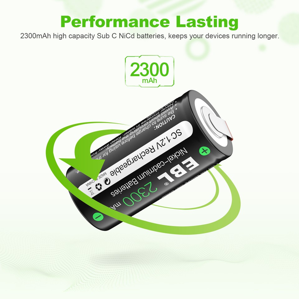 EBL SC Sub-C NiCd Rechargeable Batteries 2300mAh Tap Cell Power Tool ...