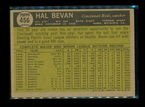 Vintage 1961 TOPPS ROOKIE Baseball Trading Card #456 HAL BEVAN ...