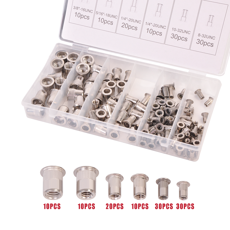 110PC Rivet Nuts Nutserts Assortment Tool Set Kit 8-32 10-32 UNC 1/4" 5 ...