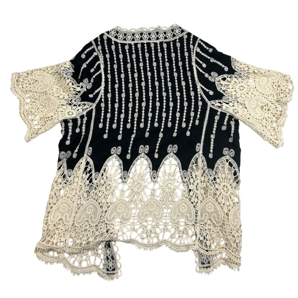 London Kaye Black Embroidered Open Front Kimono Cardigan Crochet Lace ...