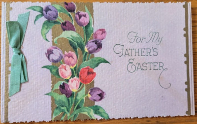 Folded Vintage Die-Cut Art Deco Father's Easter Card With Tulips-Ribbon ...
