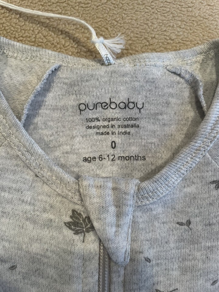 NWT Purebaby Organic Cotton Zip Growsuit Pale Grey Leaf Size 0 / 6-12 ...