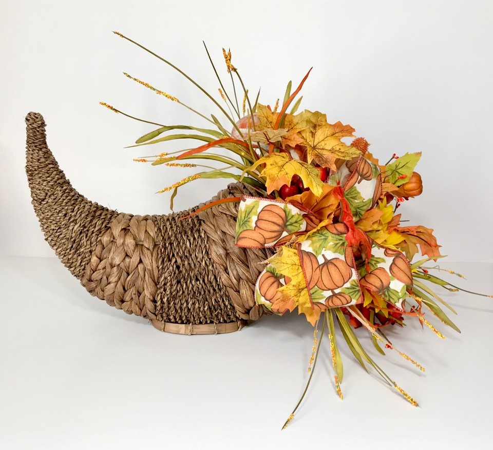 WICKER CORNUCOPIA FALL BASKET LARGE CENTERPIECE ARRANGEMENT ...