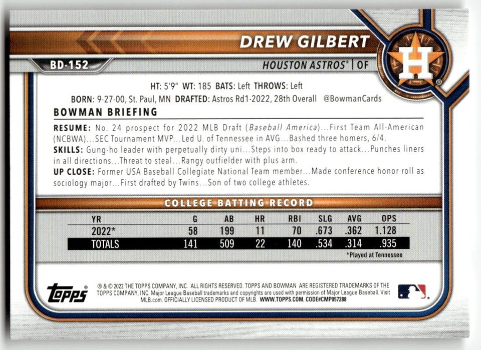 2022 Bowman Draft #BD-152 Drew GilberT 1st Houston Astros Baseball | eBay