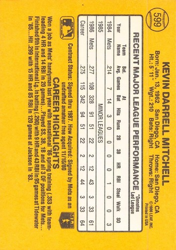 Kevin Mitchell 1987 Donruss 599 New York Mets Rookie Baseball Card | eBay