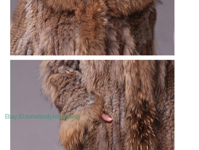 100% Real Genuine Knitted Rabbit Fur Fox Hood Warm Women Outwear Coat ...