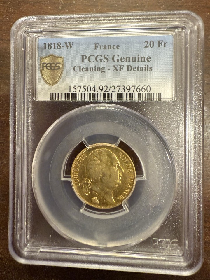 FRANCE RARE 20 FRANCS 1818-W Louis 18 GOLD COIN PCGS AU-50 = PRICE ...