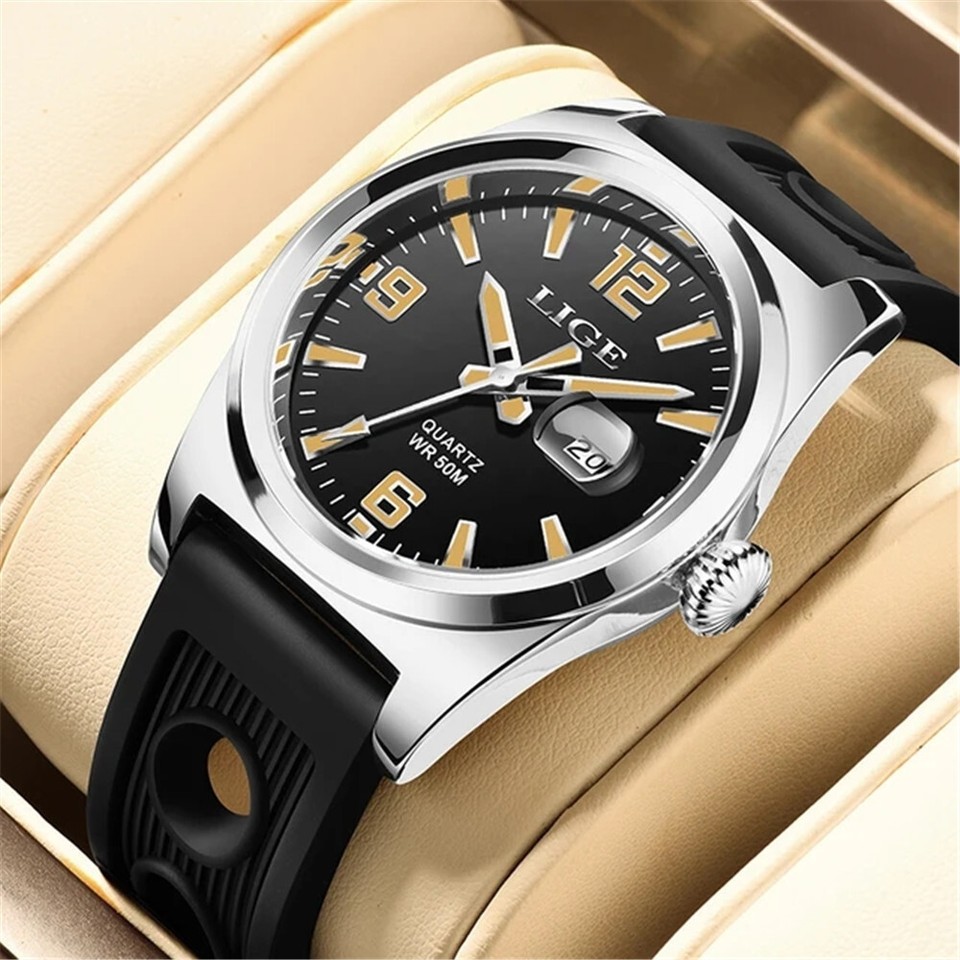 LIGE Brand Men Quartz Watch with Luminous Pointer & Date Silicone ...