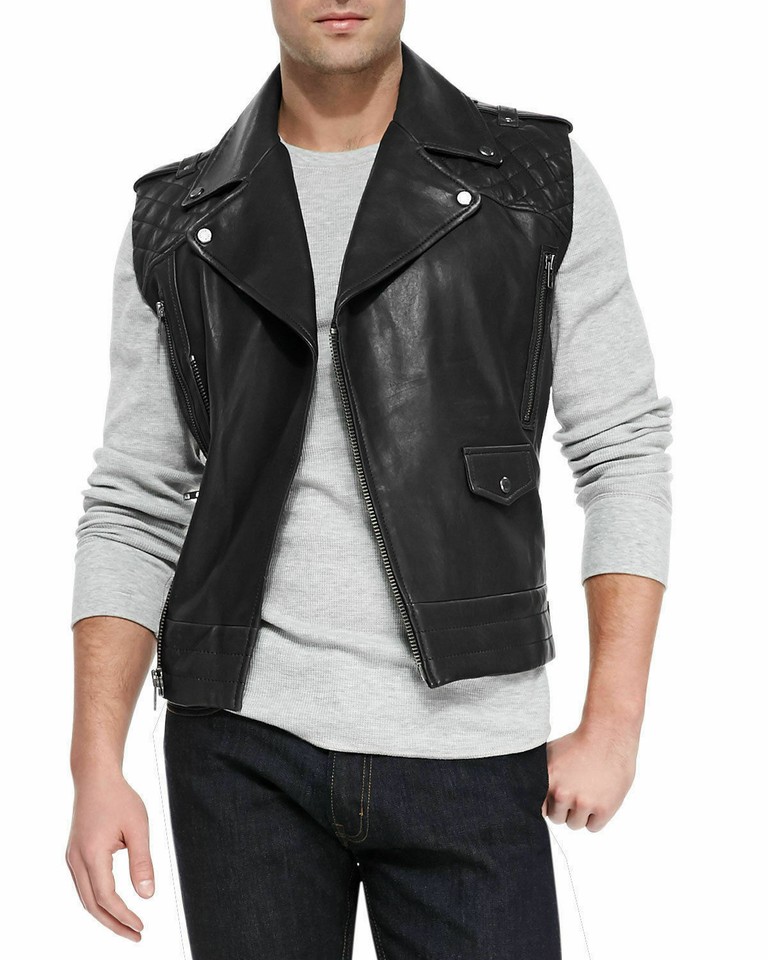 Men's Genuine Lambskin Leather Motorcycle Vest Slim fit Sleeveless ...