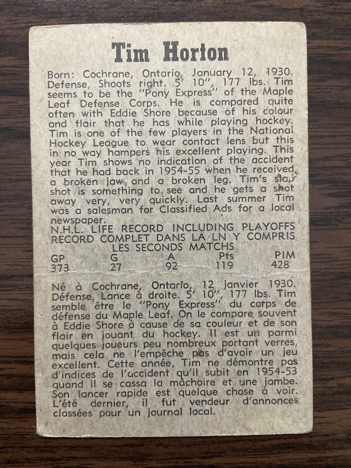 1958-59 PARKHURST TIM HORTON CARD # 42. VINTAGE MAPLE LEAFS! | eBay