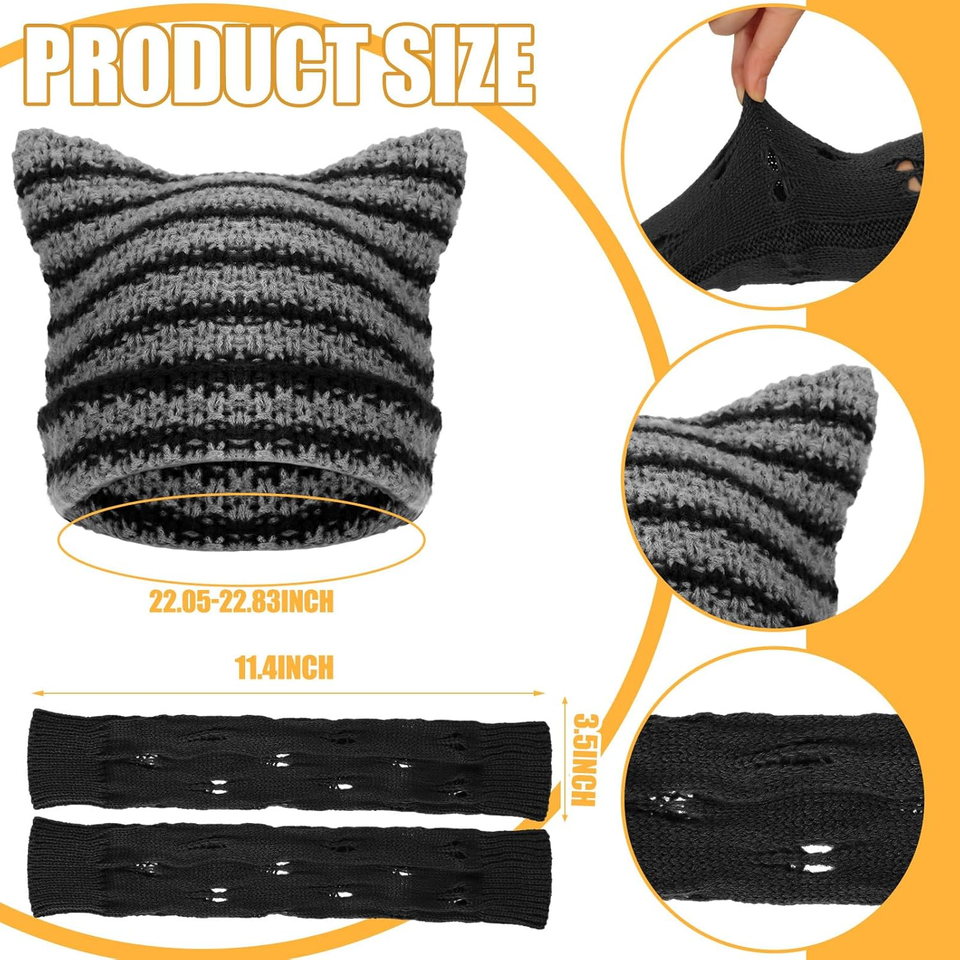 25 Pcs Y2K Grunge Knitted Cat Beanie with Fairy Grunge Ripped Gloves ...