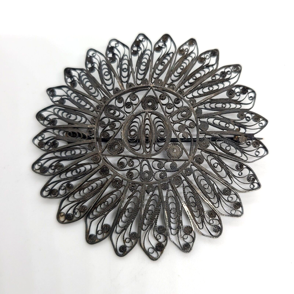 Antique Large Sterling Silver Filigree Flower Brooch | eBay